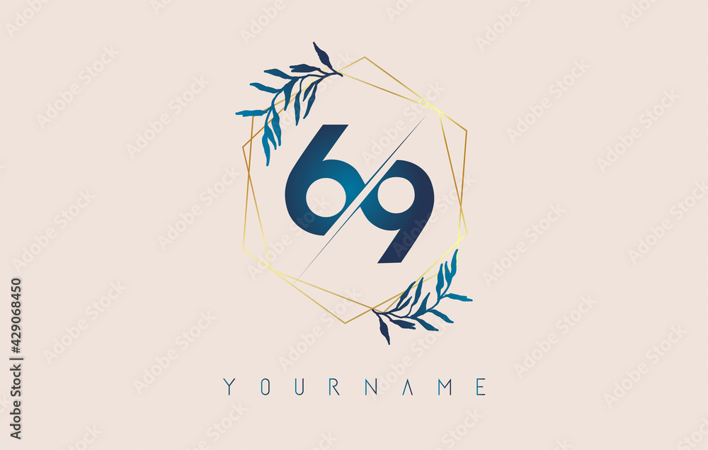 Number 69 6 9 logo with golden polygon frames and gradient blue leaves ...