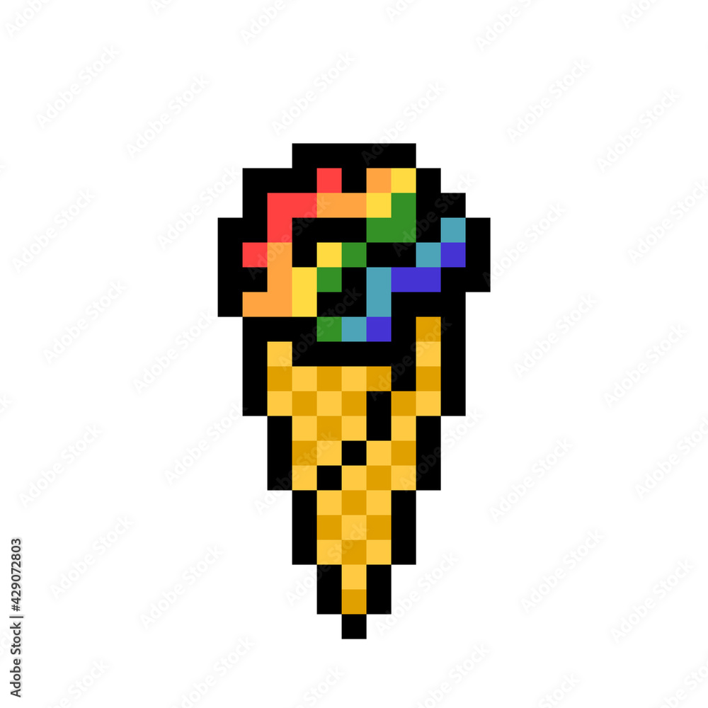 2d 8 bit pixel art rainbow ice cream cone icon isolated on white ...