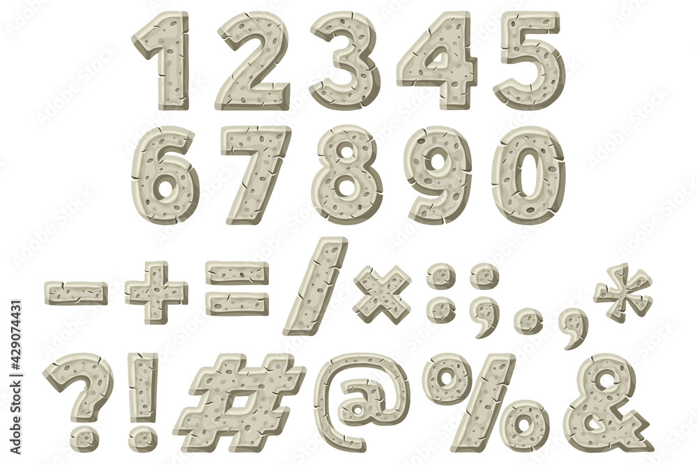 Numbers, punctuation marks. Stone age character digits isolated on ...