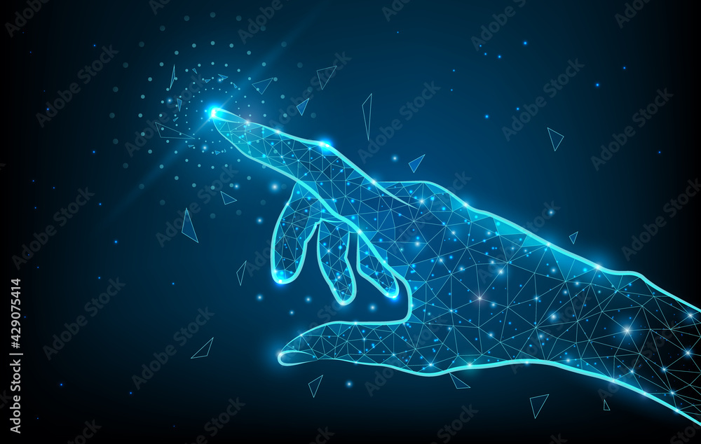 Touch the future low poly hand wireframe. Vector polygonal image in ...