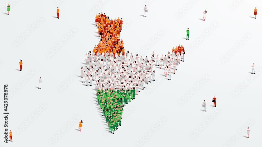 India Map and Flag. A large group of people in Indian flag color form ...
