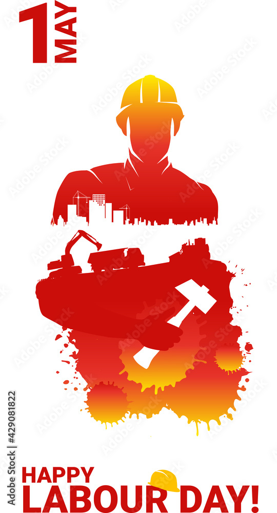 May 1, Happy Labour Day, greeting card template with silhouette of ...