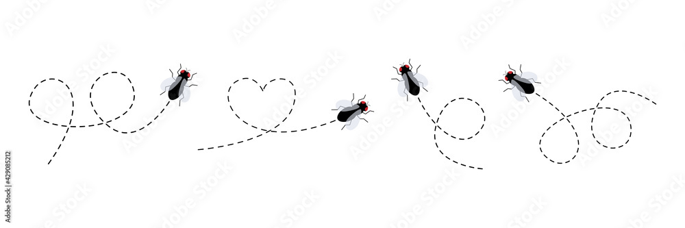 Flies icon set. Fly insect flying on a dotted route. Vector ...