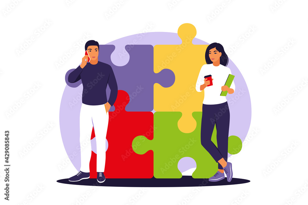 Business team putting together puzzle. Cartoon partners working in ...