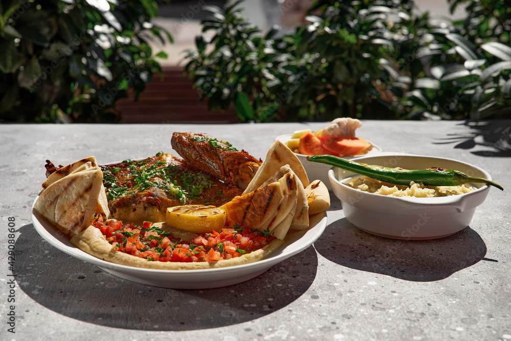 Delicious rack of lamb with hummus sauce, Traditional Arabic, Turkish ...