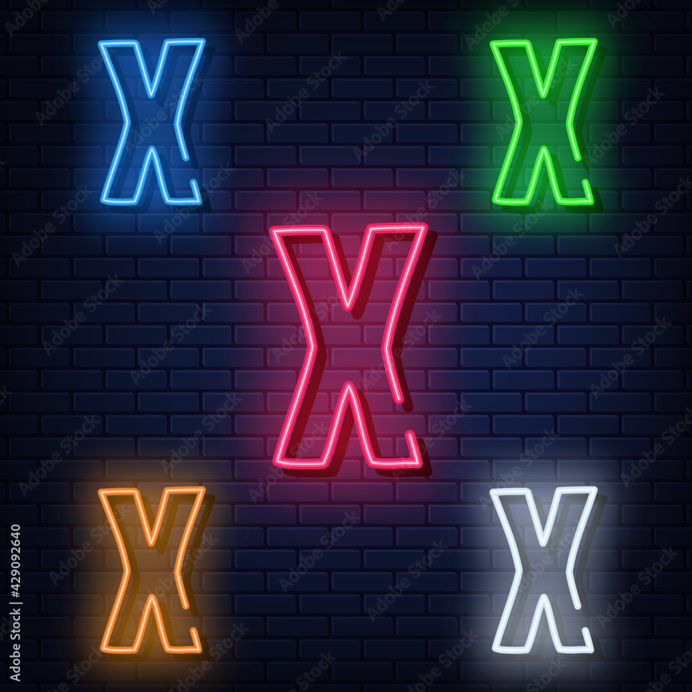 Neon letters, five colors: red, blue, green, yellow, white. Isolated ...