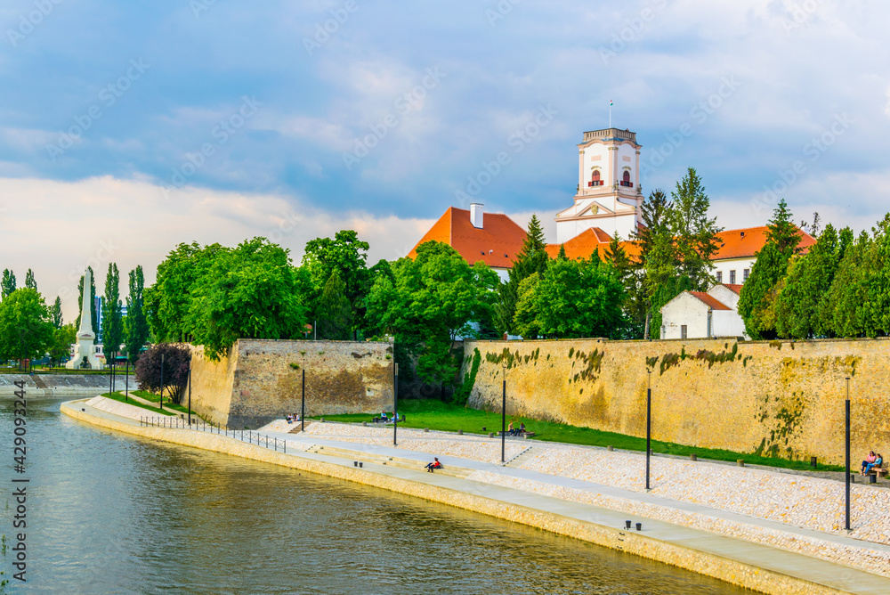 bishop castle and cathedral tower over the river in gyor city in ...