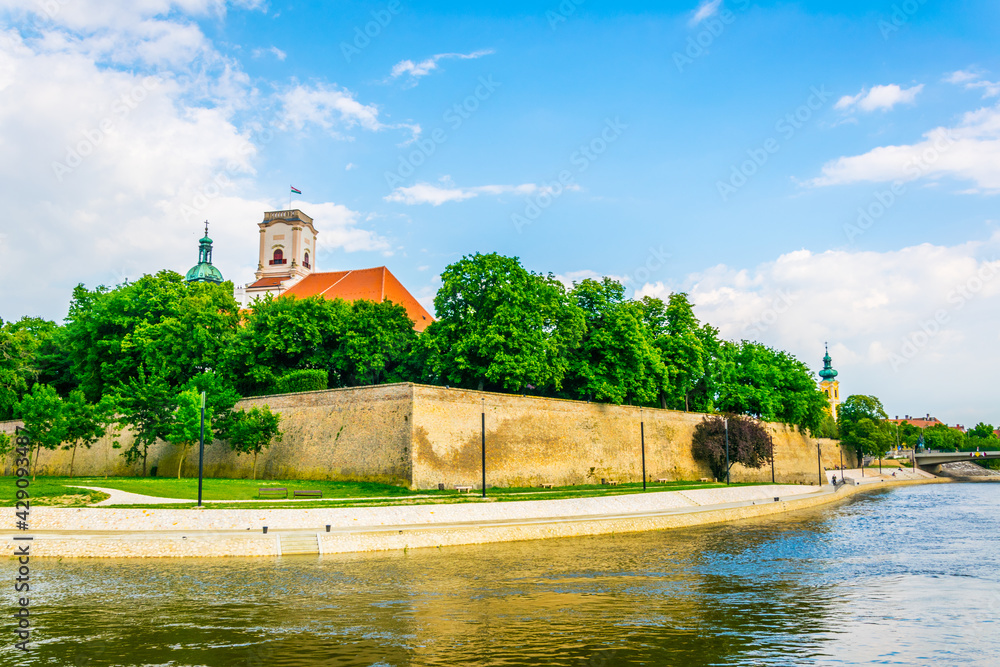 bishop castle and cathedral tower over the river in gyor city in ...