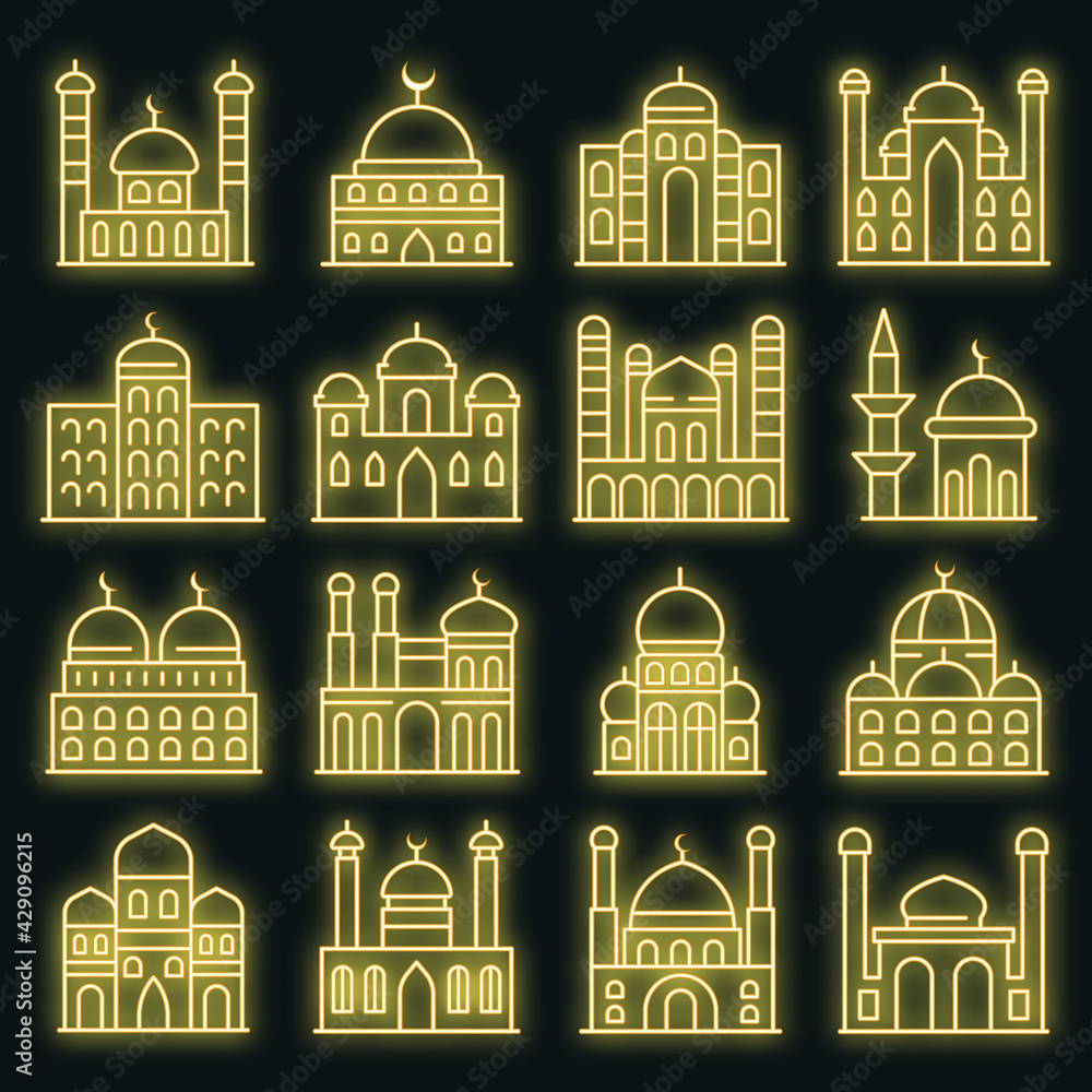 Mosque icons set. Outline set of mosque vector icons neon color on ...