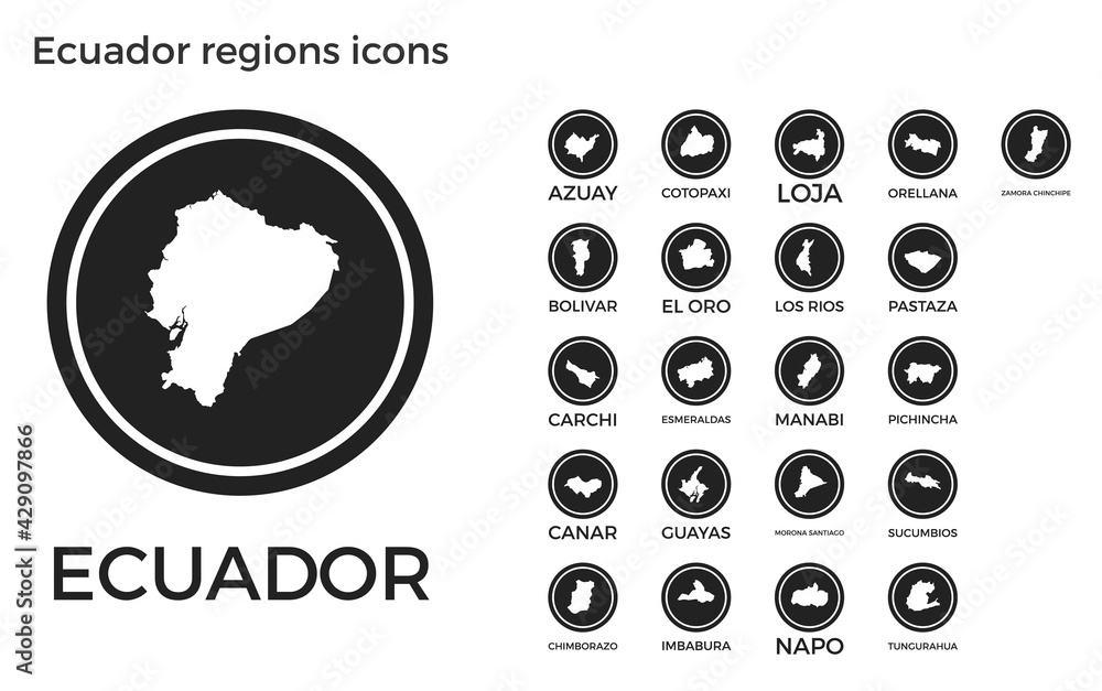 Ecuador regions icons. Black round logos with country regions maps and ...