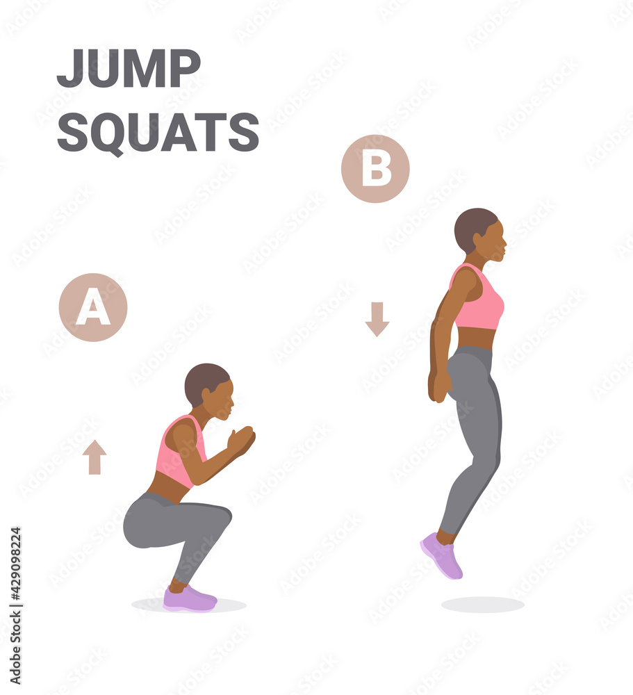 Afro-American Girl Doing Jump Squats Exercise Guidance. Young Black ...
