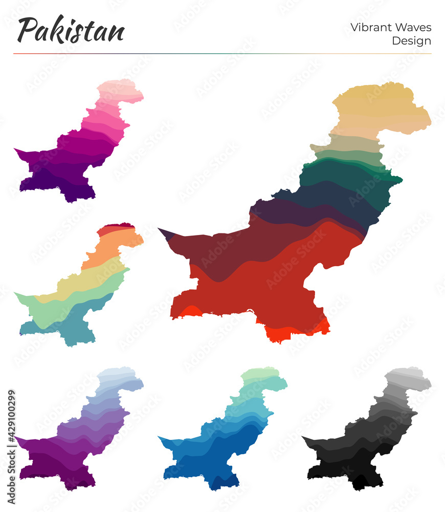 Set of vector maps of Pakistan. Vibrant waves design. Bright map of ...