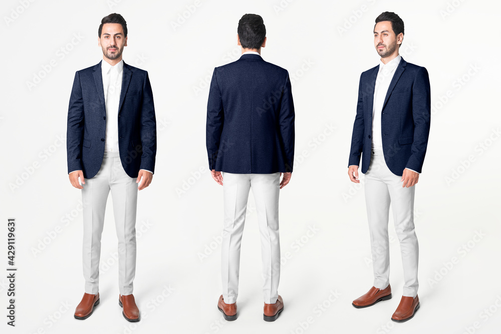 Navy blue men's blazer business wear fashion full body and rear view ...