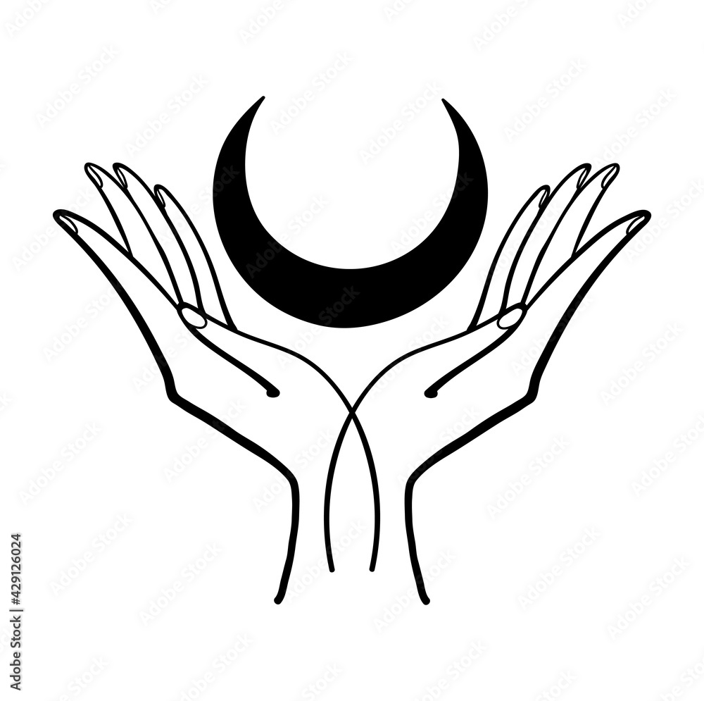 Two hands holding a crescent moon, hand drawing in oriental style, boho ...