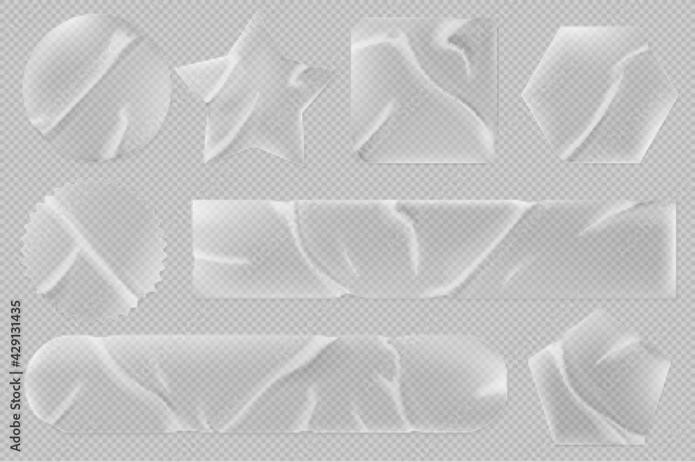 Transparent stickers or patches mockup. Plastic or pvc shrunken labels ...