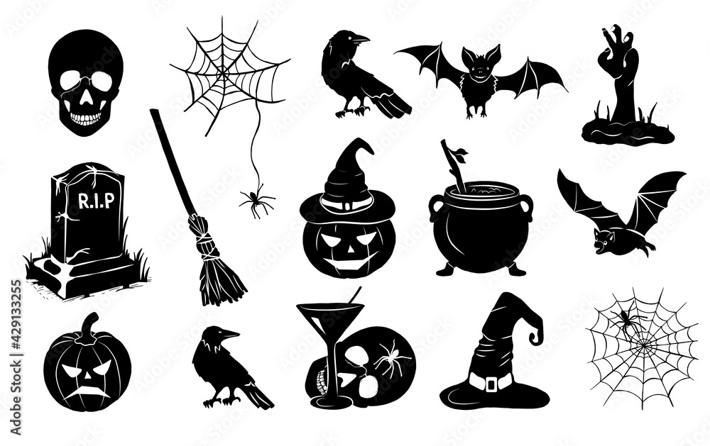 halloween set. pumpkin, skull, broom, headstone, spider, cobweb, crows ...