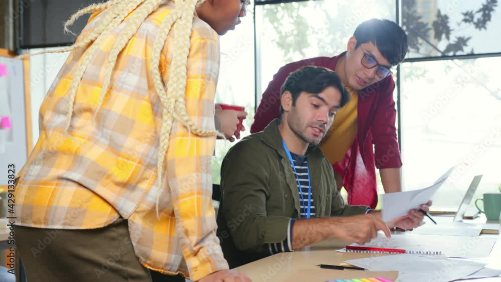 Meeting of UX developer and UI designer brainstorming about mobile app ...