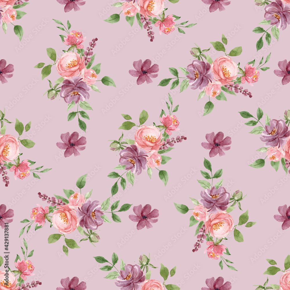 Seamless floral pattern, background with watercolor flowers pink roses ...