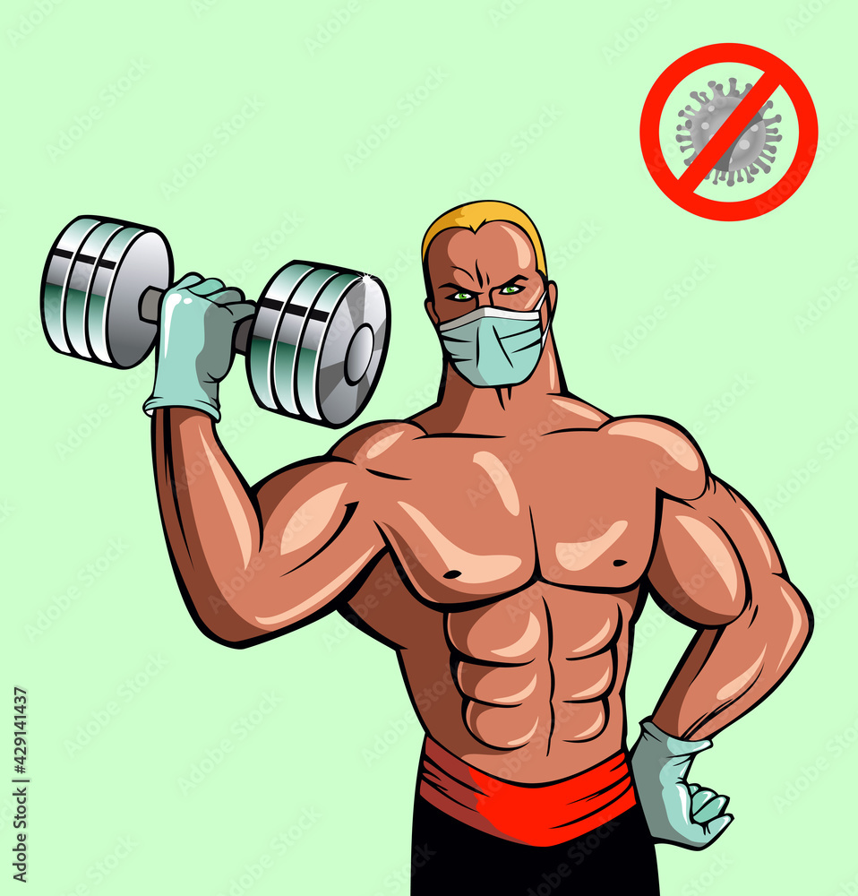 Bodybuilding man builds muscles through tension with dumb bells, using ...