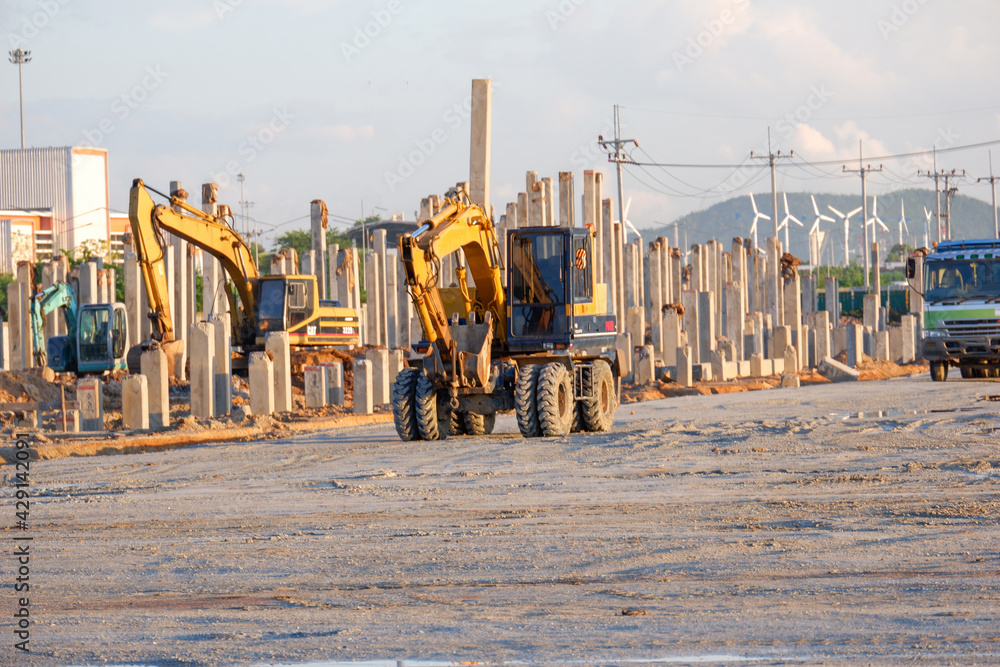 Piling for deep foundations Tower crane on the construction site Crane ...