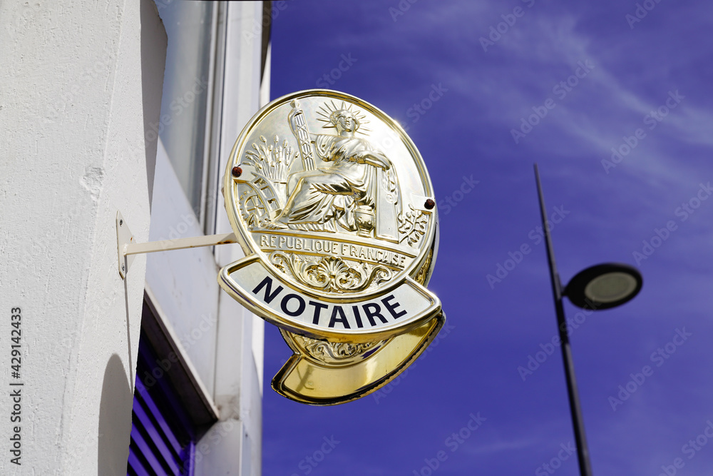 Notaire french sign logo and text brand on wall copper plate aside ...