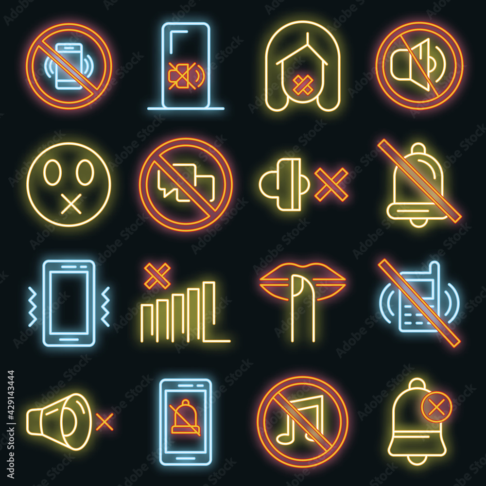 Silence icons set. Outline set of silence vector icons neon color on black Stock Vector | Adobe ...