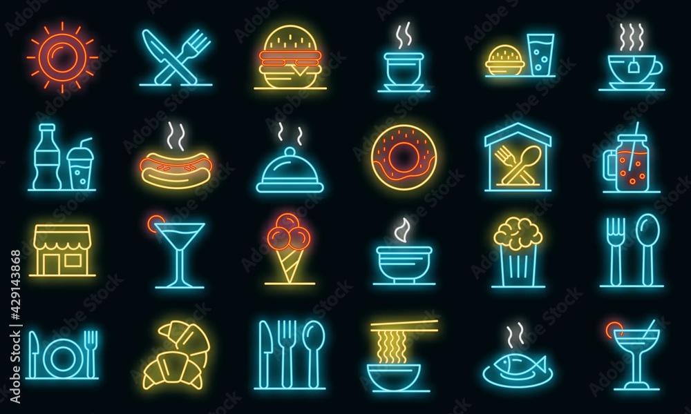Food courts icons set. Outline set of food courts vector icons neon ...