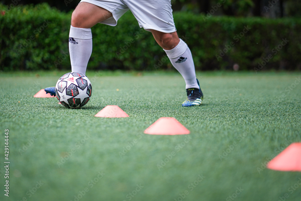 Bangkok, Thailand - April 2021: A football player who is wear Adidas ...
