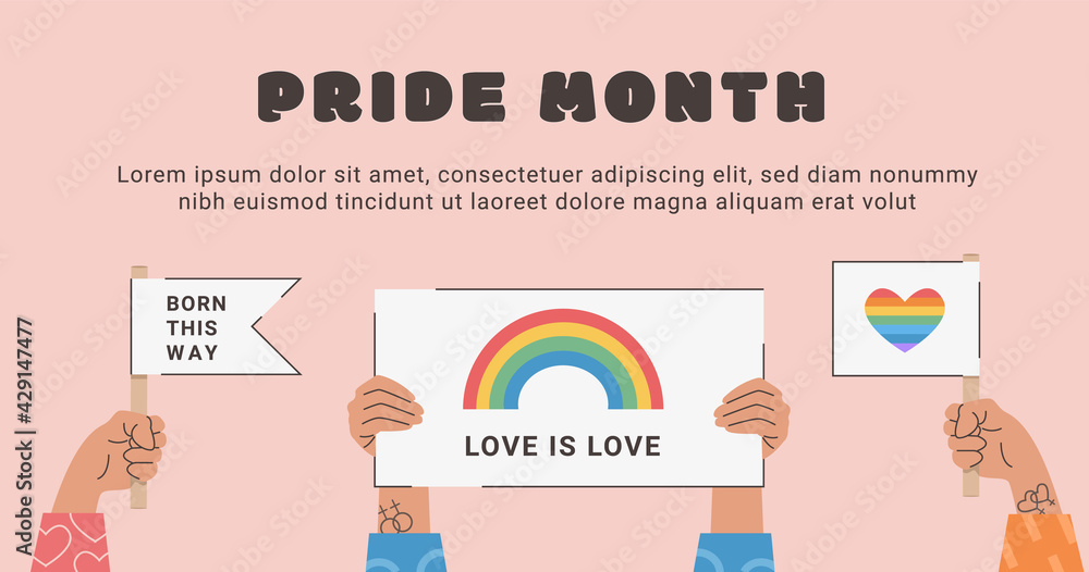 Vector Banner with pink background. People hold flags and banners with ...