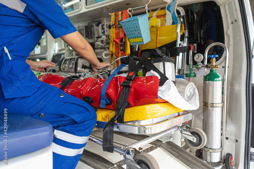 Life-saving and ambulance equipment inside the ambulance Stock Photo ...