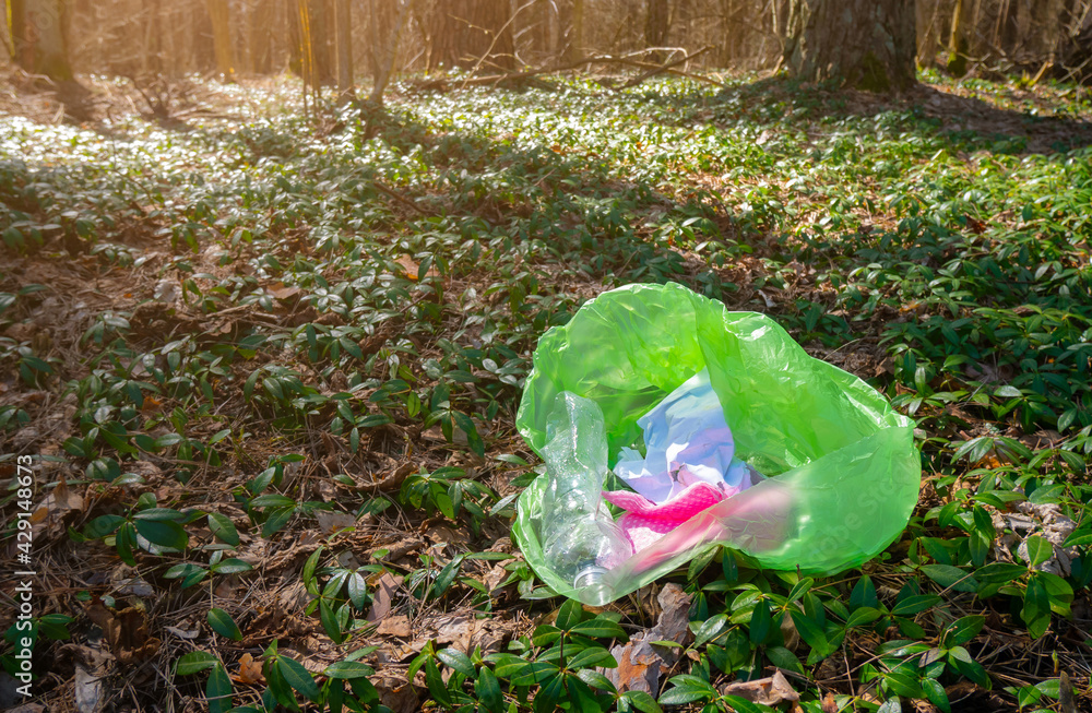 Trash around the trees in forest. Debris, Plastic waste. Environmental ...