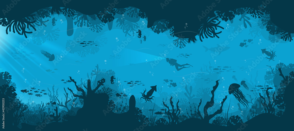 Silhouette of coral reef with fish and scuba diver on a blue sea ...