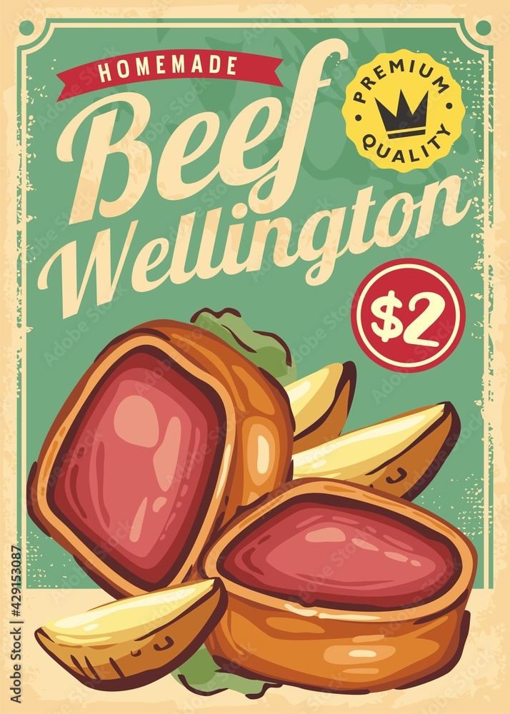 Beef Wellington retro promotional poster decoration. Menu offer design ...