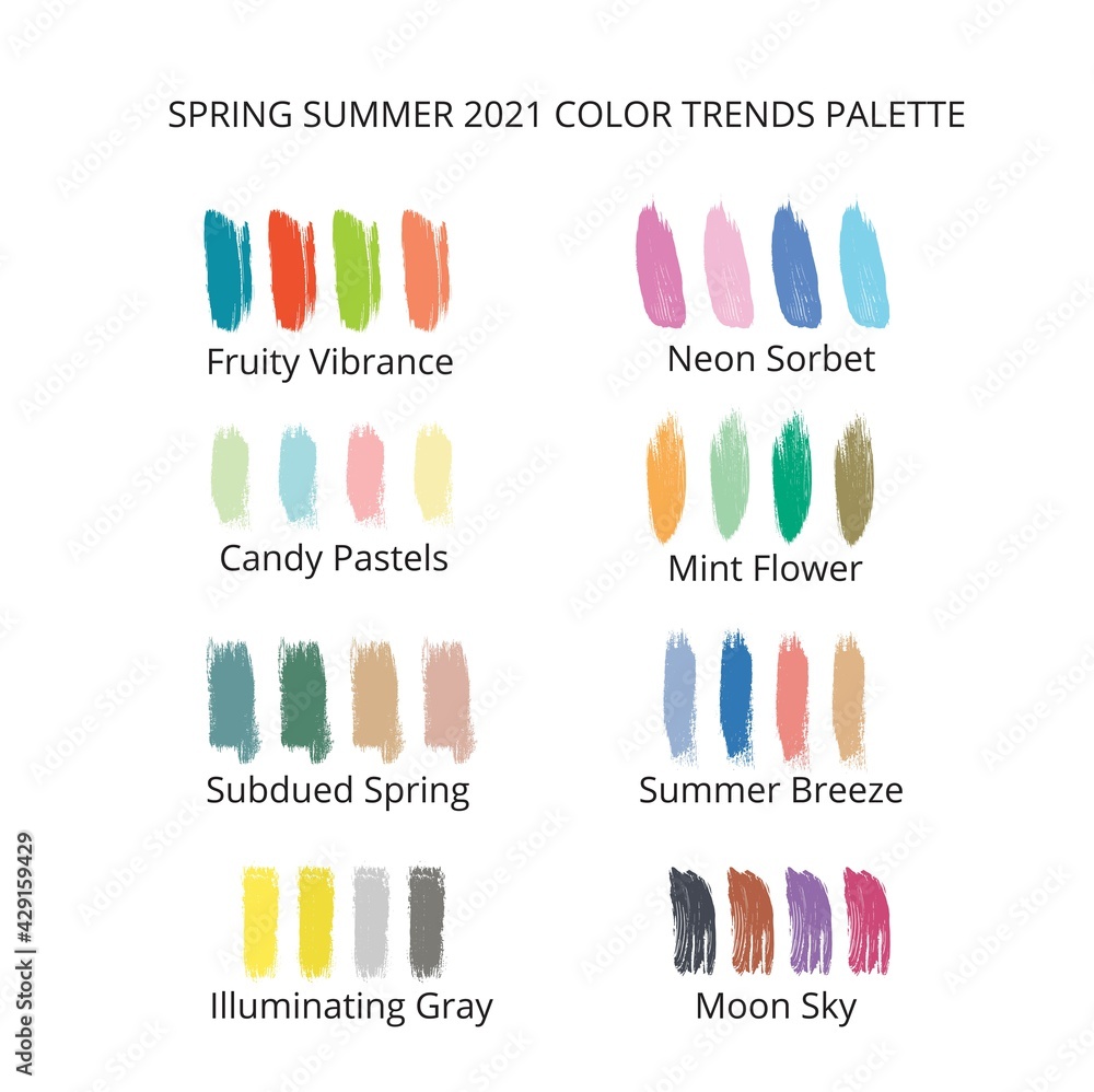 Spring, summer 2021 color trends palette on brush strokes. Vector stok ...