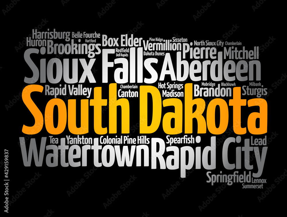 List of cities in South Dakota USA state, map silhouette word cloud map ...