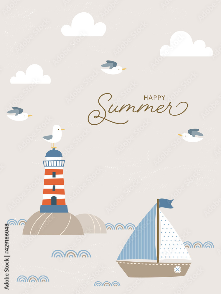 Summer background design with lighthouse, sailboat, and seagulls in ...