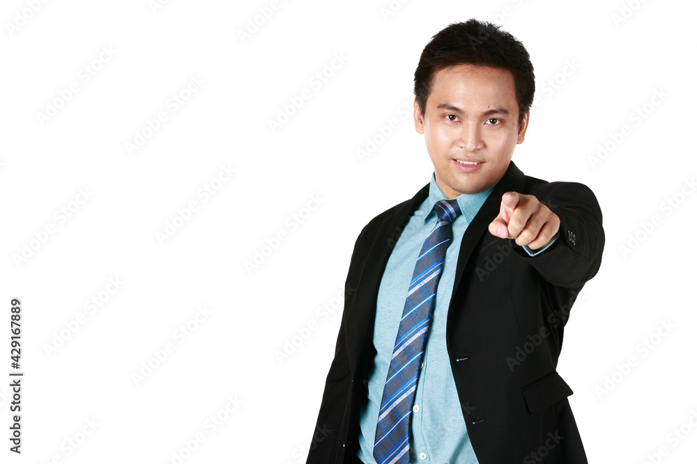 Young Asian man smiling standing wearing black suit and pointing ...
