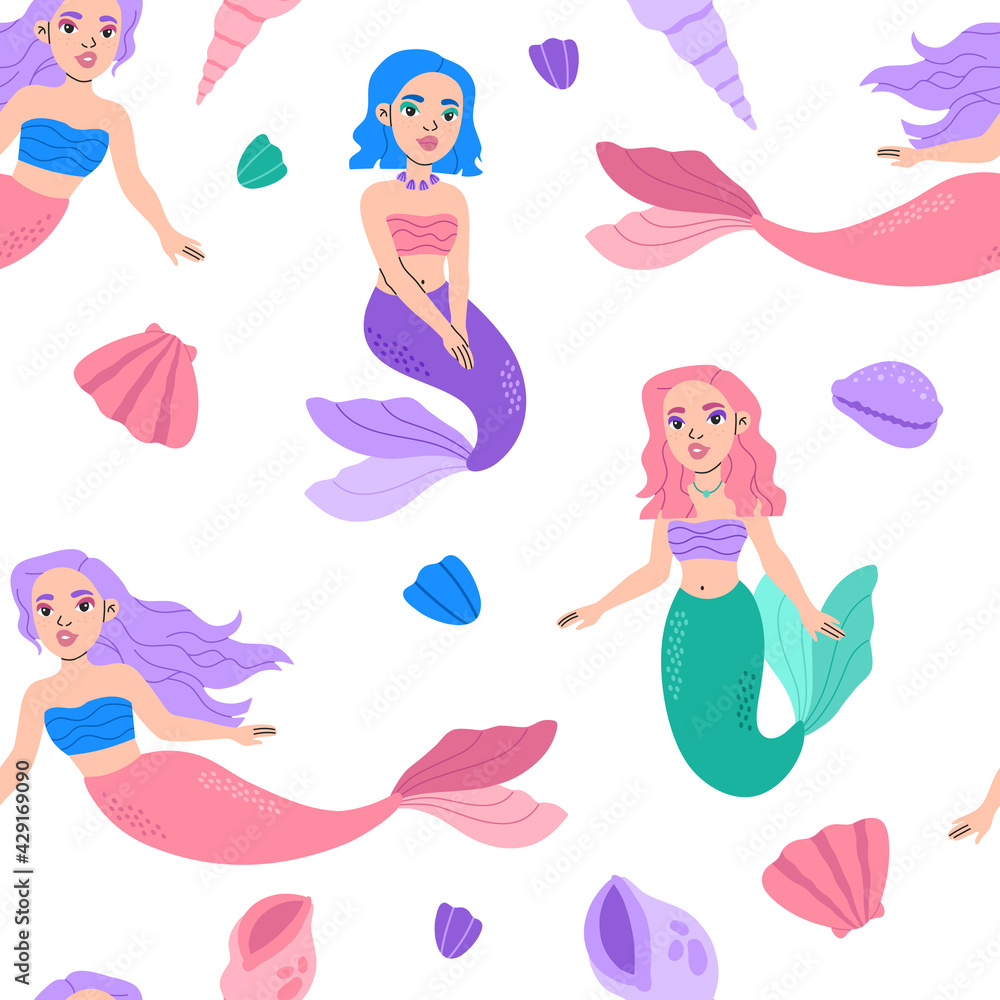 Cute mermaids and ocean shells seamless pattern. Underwater girl ...