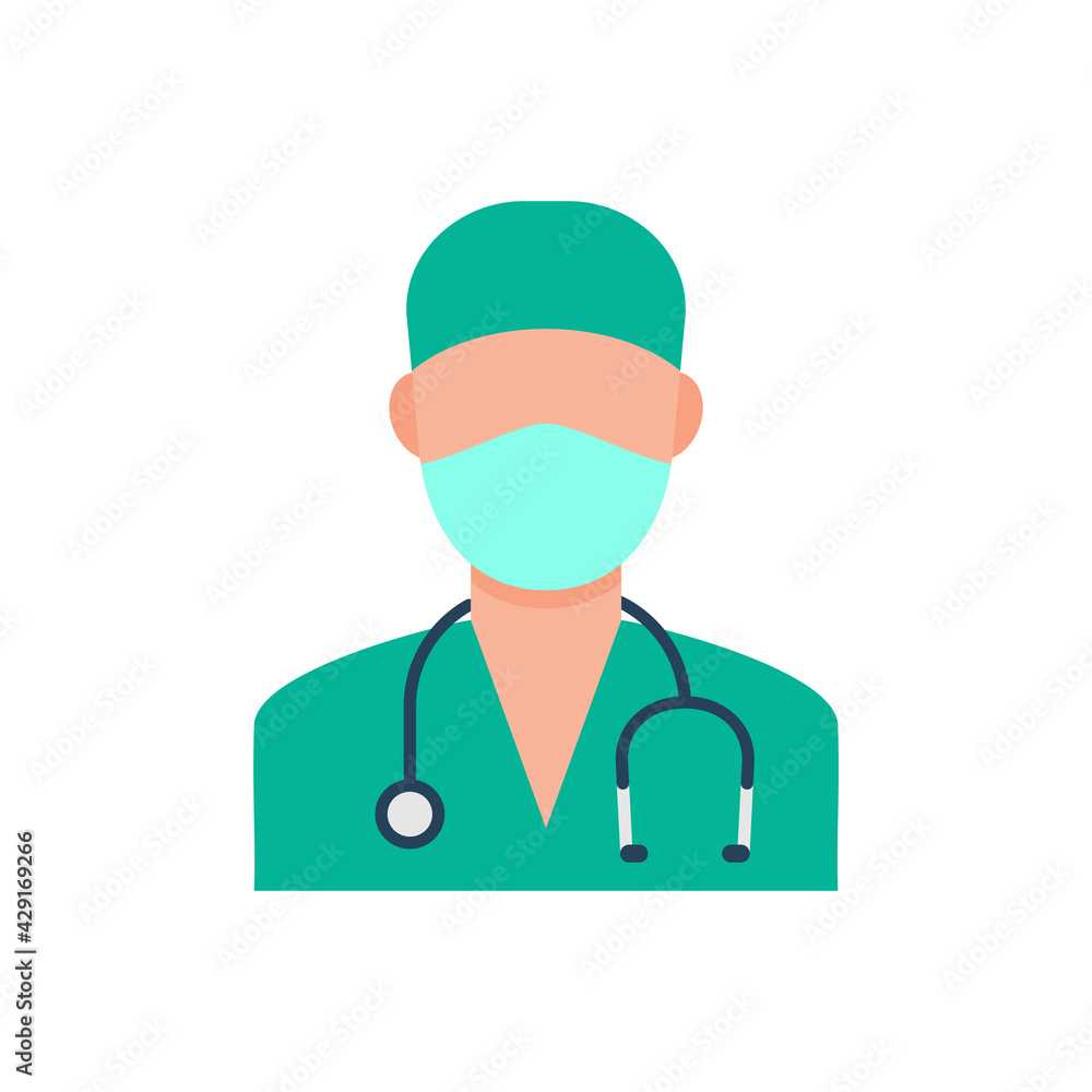 Surgeon with face mask and cap color icon. Medical doctor with ...