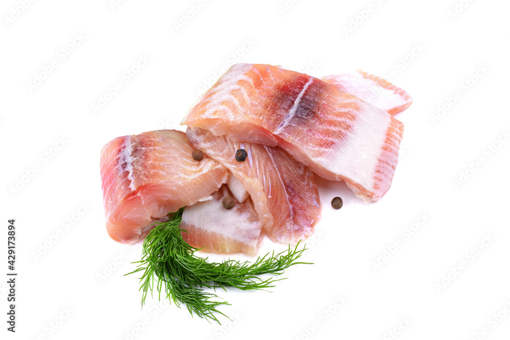 Pangasius fish fillet, pieces decorated with a sprig of dill. Isolated ...