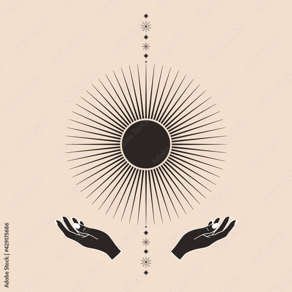 Hand drawn card of mystical Sun with woman`s hands, stars in line art ...
