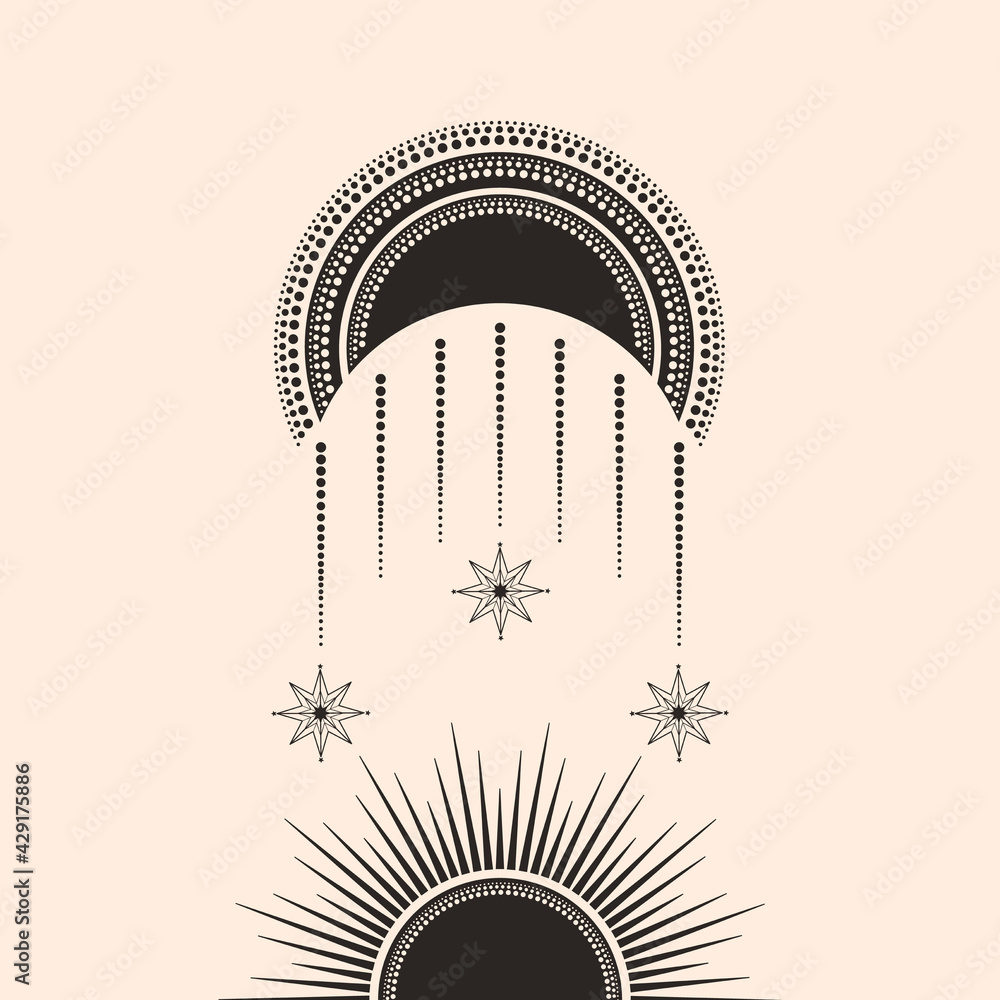 Hand drawn vector of mystical Sun with Moon, stars in line art ...