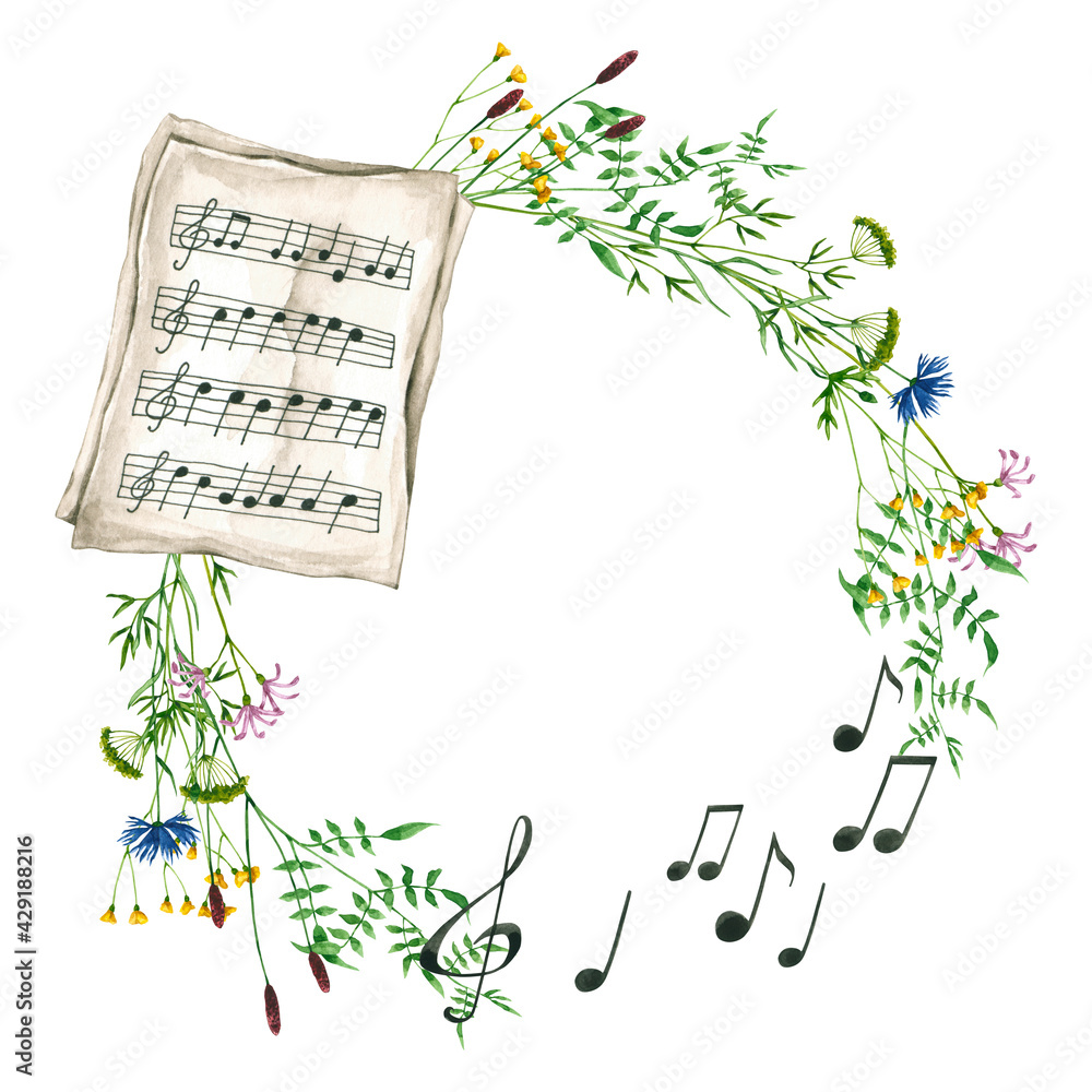 Wreath with watercolor wildflowers, musical notation, notes. Hand drawn ...