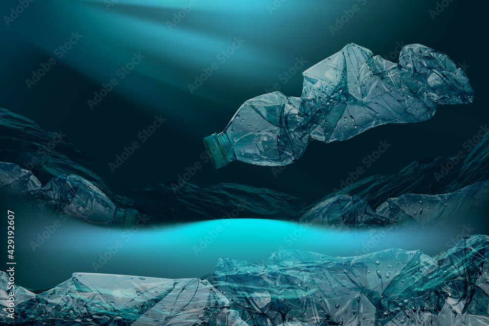 creative background of PET plastic bottles and single-use plastic bags ...