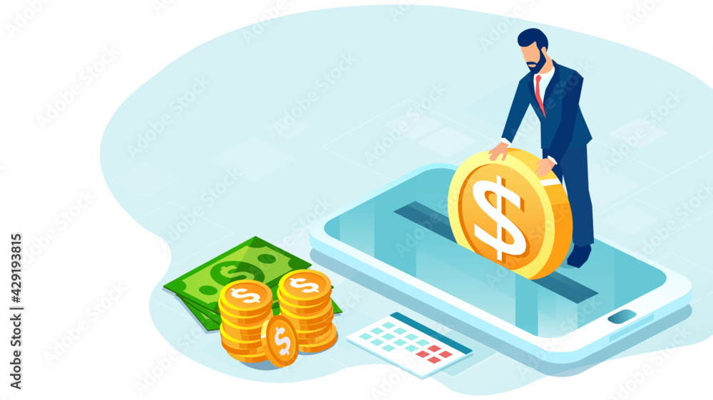 Vector of a business man making money deposit via mobile app Stock ...