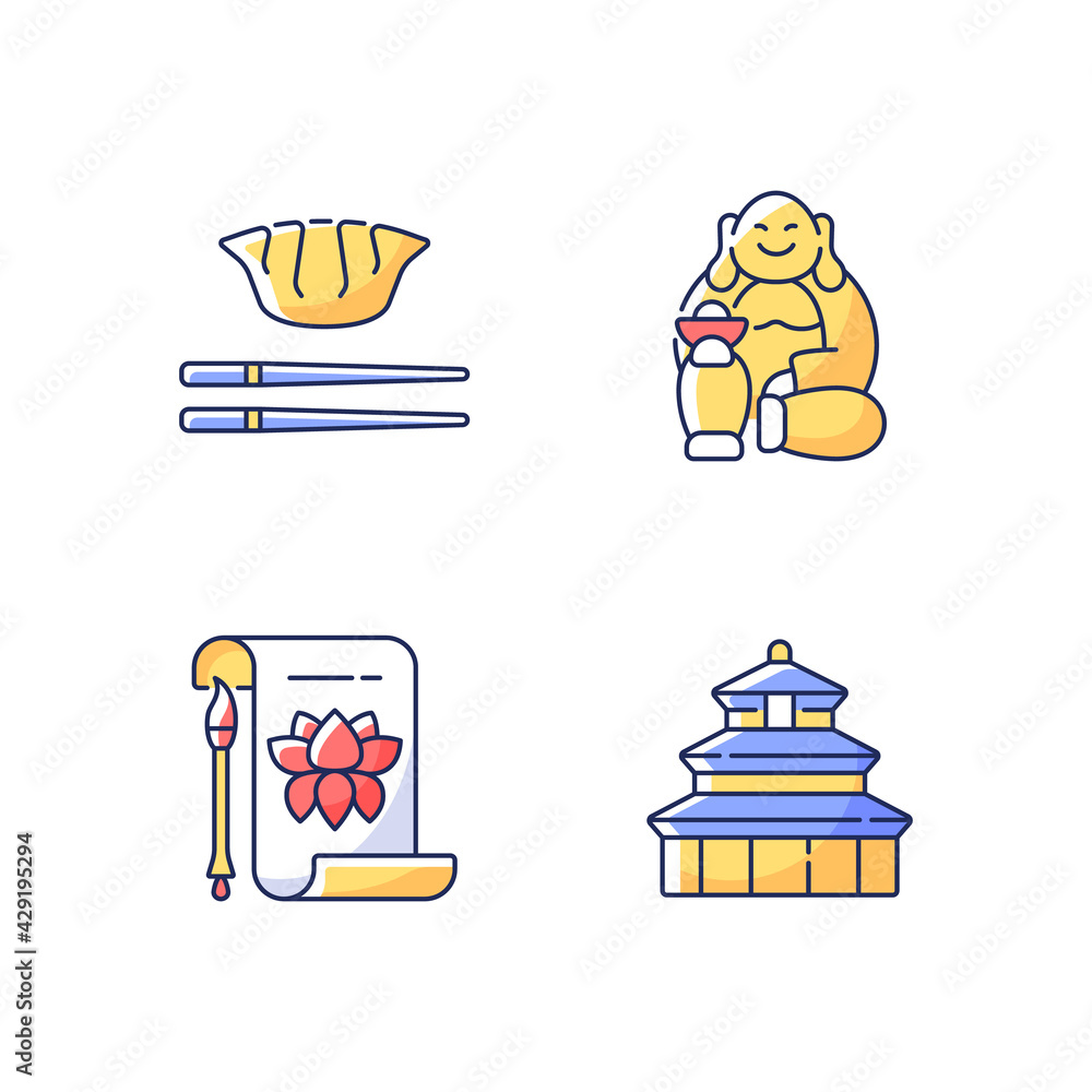 Chinese history RGB color icons set. Traditional calligraphy. Laughing ...