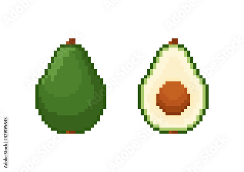 Pixel avocado. Pixel art avocado and half avocado icons set. 8 bit ...