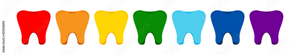 Tooth with rainbow color in a row. Teeth set with red, orange, yellow ...