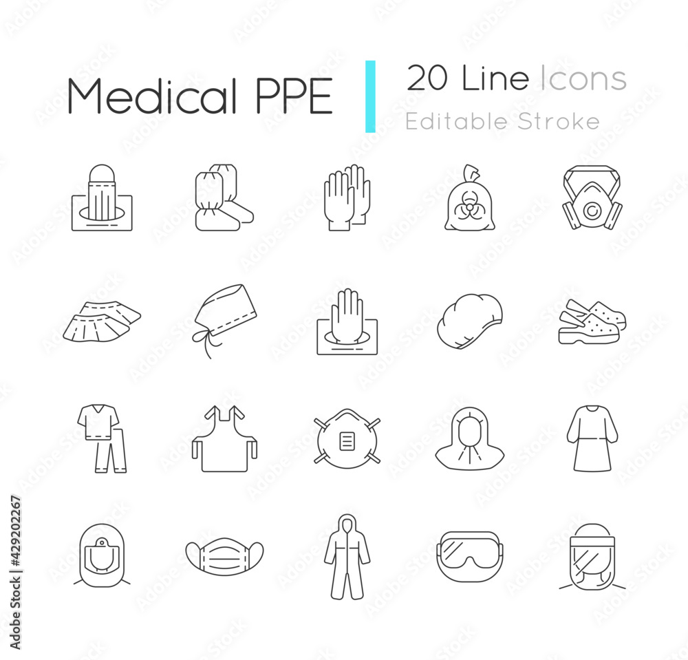 Medical PPE linear icons set. Surgical cap. Boot covers. Disposable ...