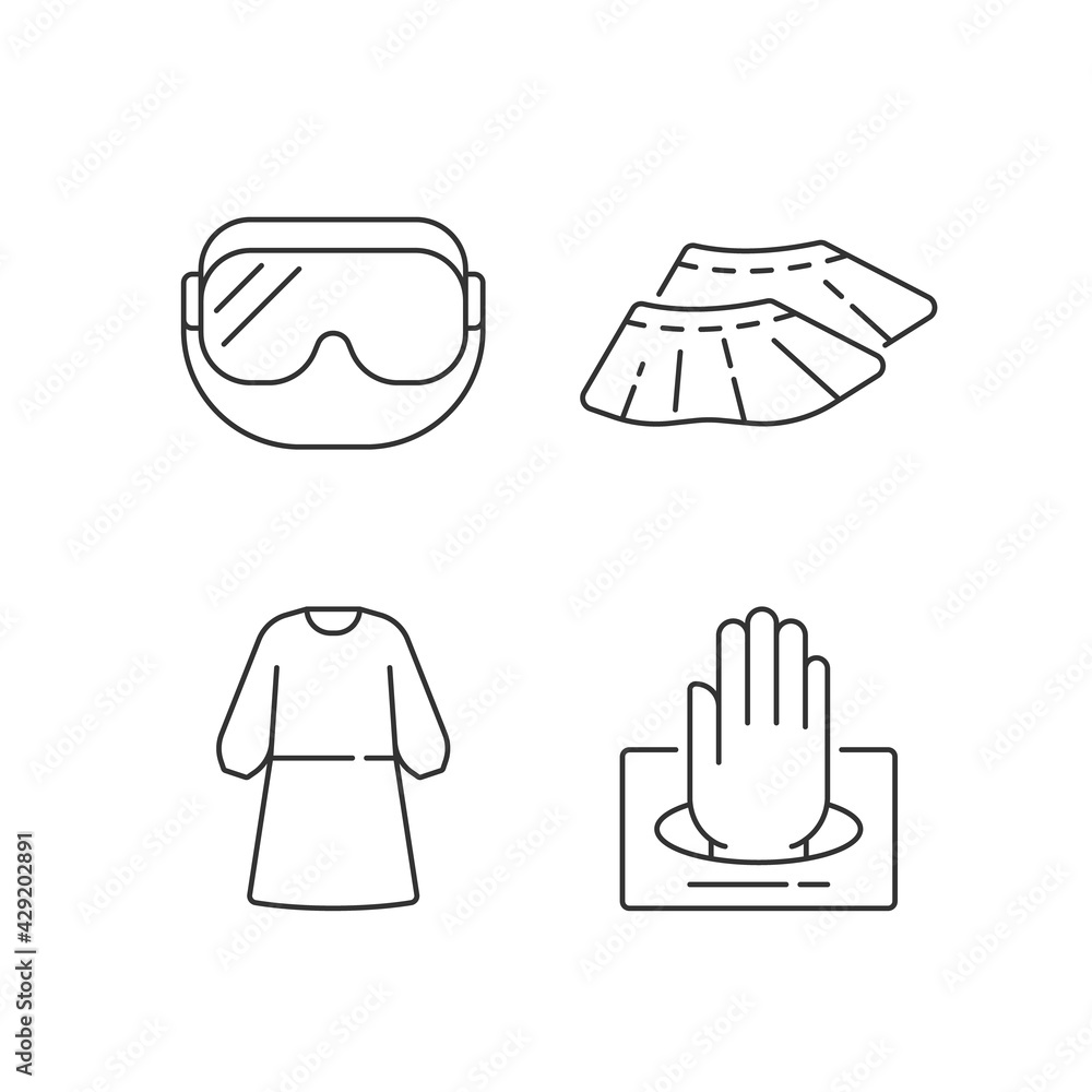 Disposable medical wear linear icons set. Doctor uniform. Quarantine ...